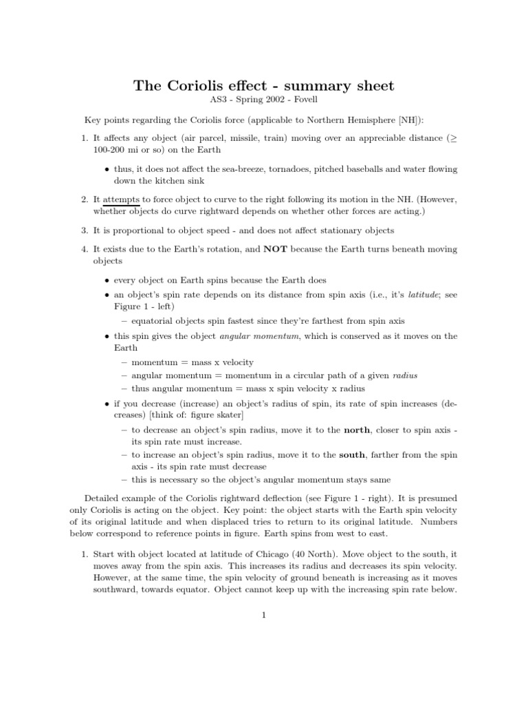 The Coriolis Effect - Summary Sheet | PDF | Rotation Around A Fixed Axis | Angular Momentum