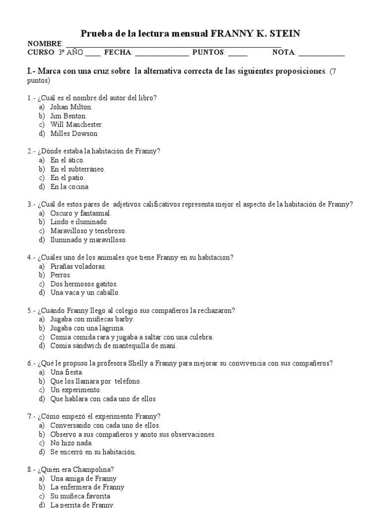 Prueba de La Lectura Mensual Franny K Stein | PDF