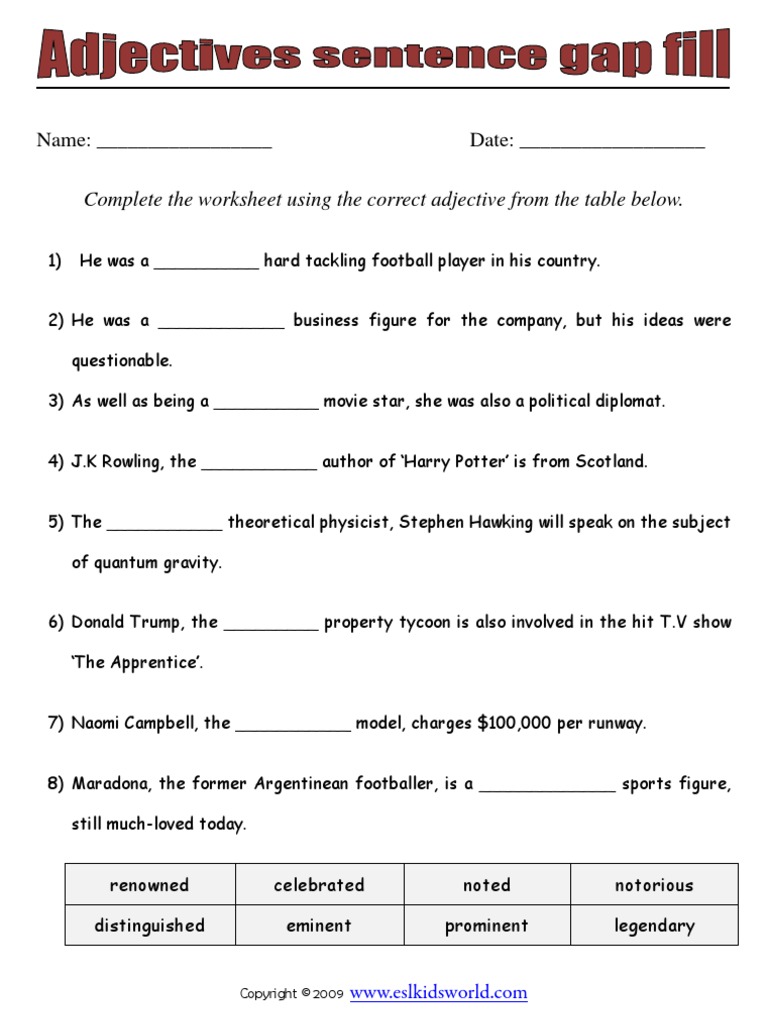 Adjectives Gap Fill Worksheet | PDF