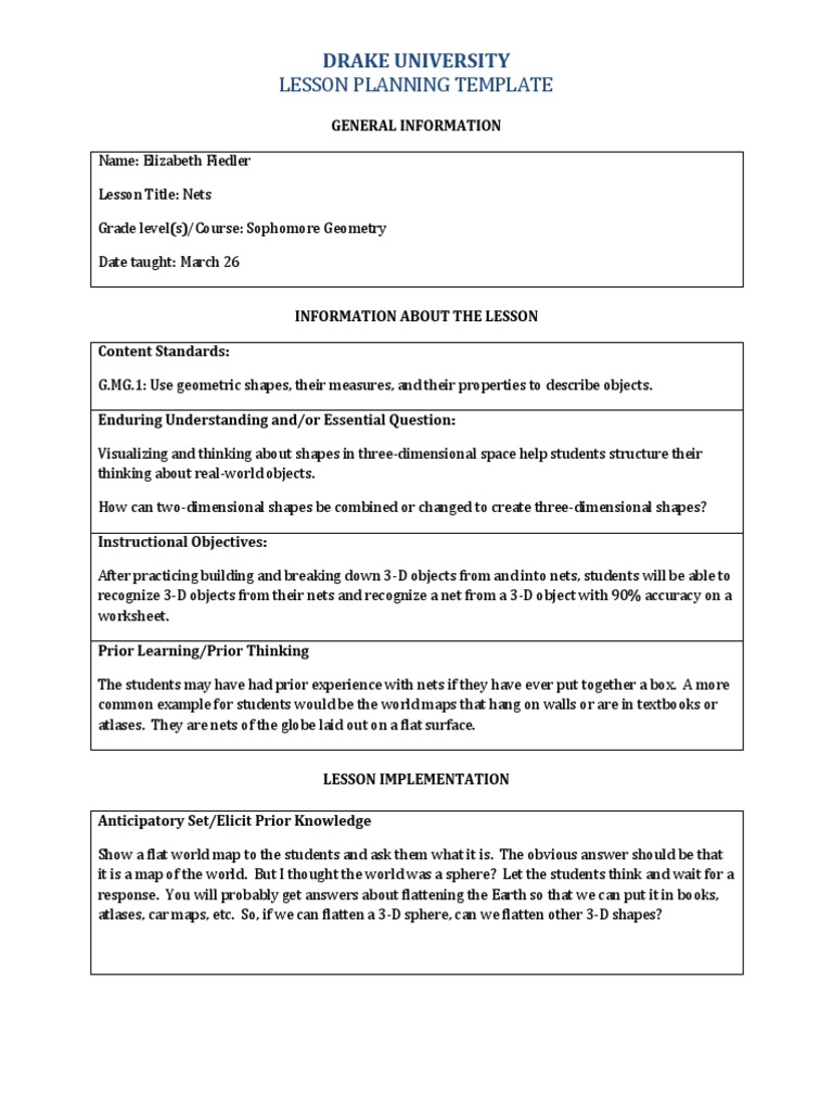 Nets Lesson Plan | PDF | Shape | Map