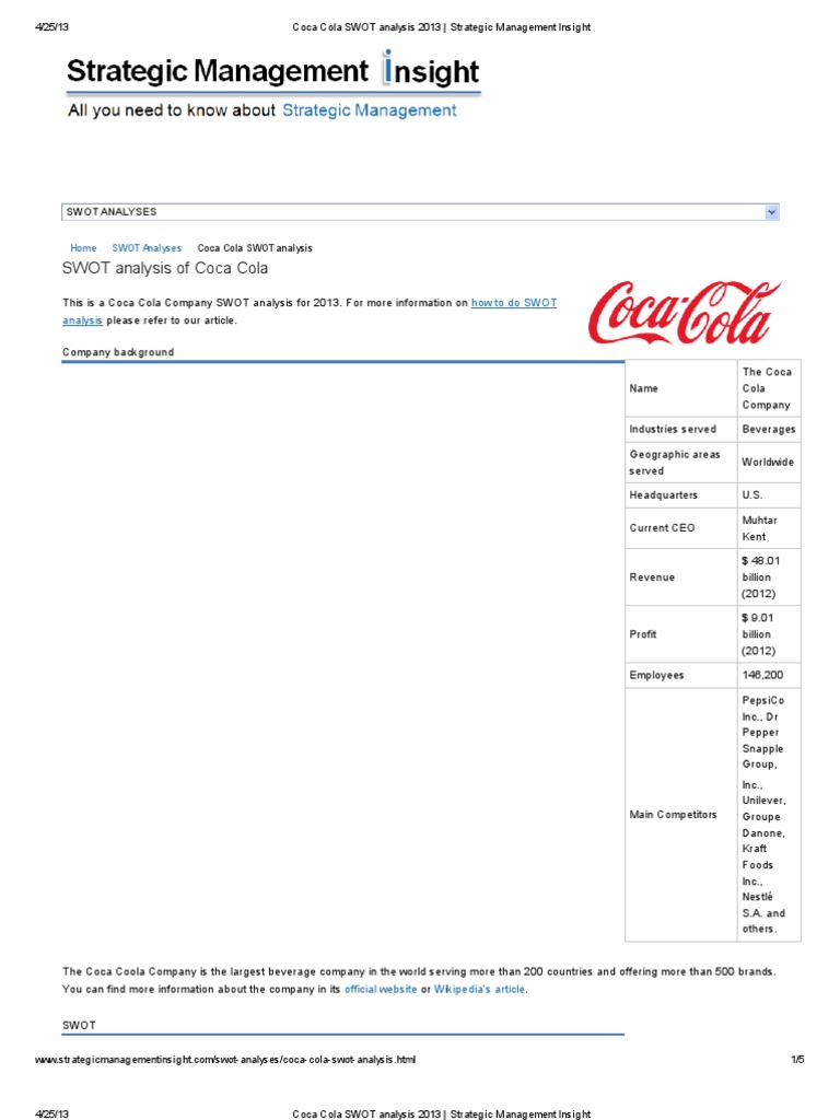 SWOT Analysis of Coca Cola | PDF | Coca Cola | Soft Drink