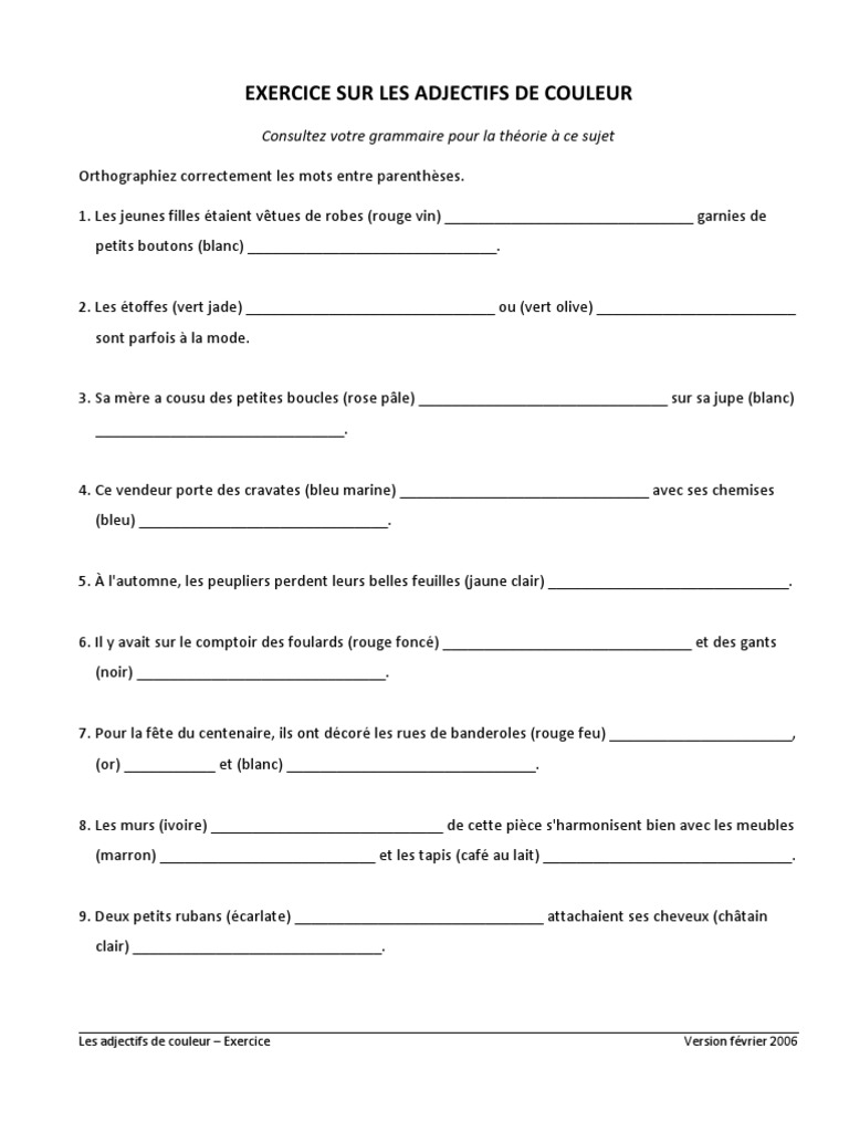 Exercice sur les adjectifs de couleur | PDF