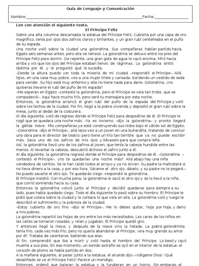 Guia El Principe Feliz Lenguaje 4° | PDF | Termorregulación | Migración ...