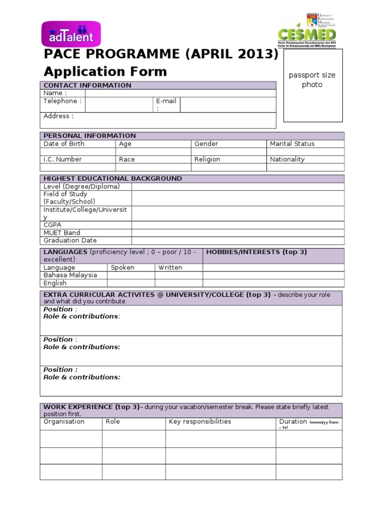 PACE Programme Application Form | PDF