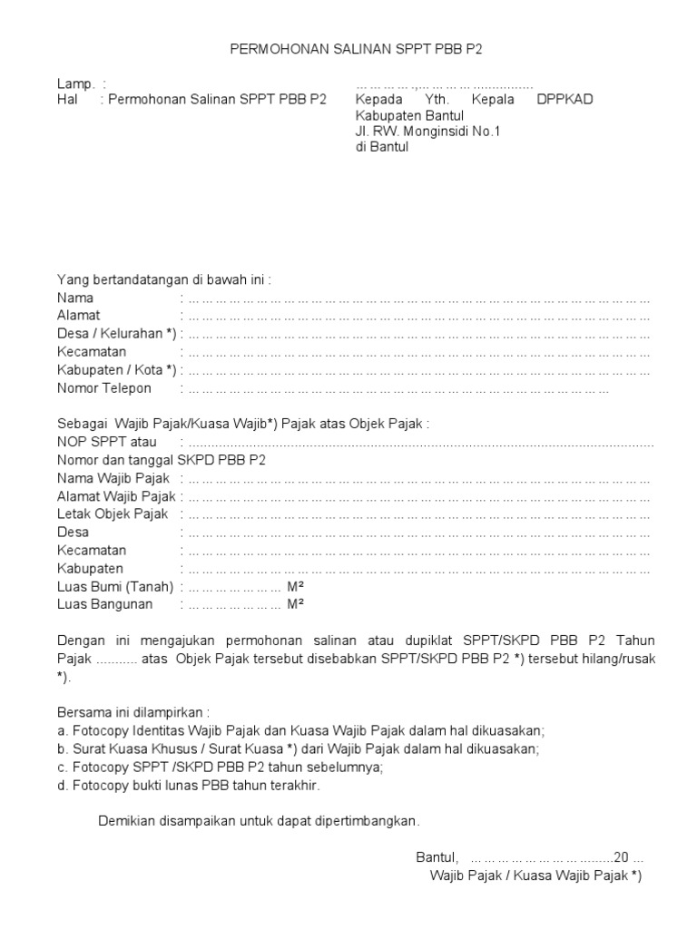 Permohonan Salinan SPPT PBB P2 | PDF