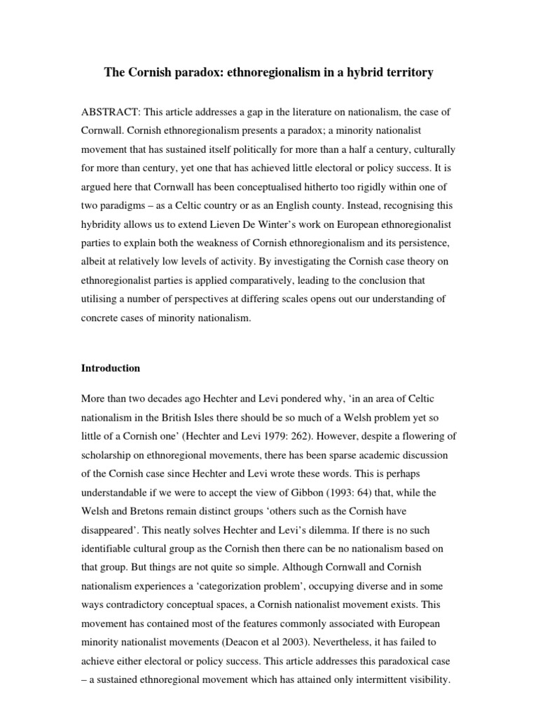 The Cornish Paradox: Ethnoregionalism in A Hybrid Territory | PDF ...