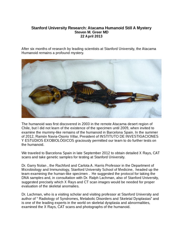 Atacama Humanoid Still A Mystery Steven M. Greer MD | PDF