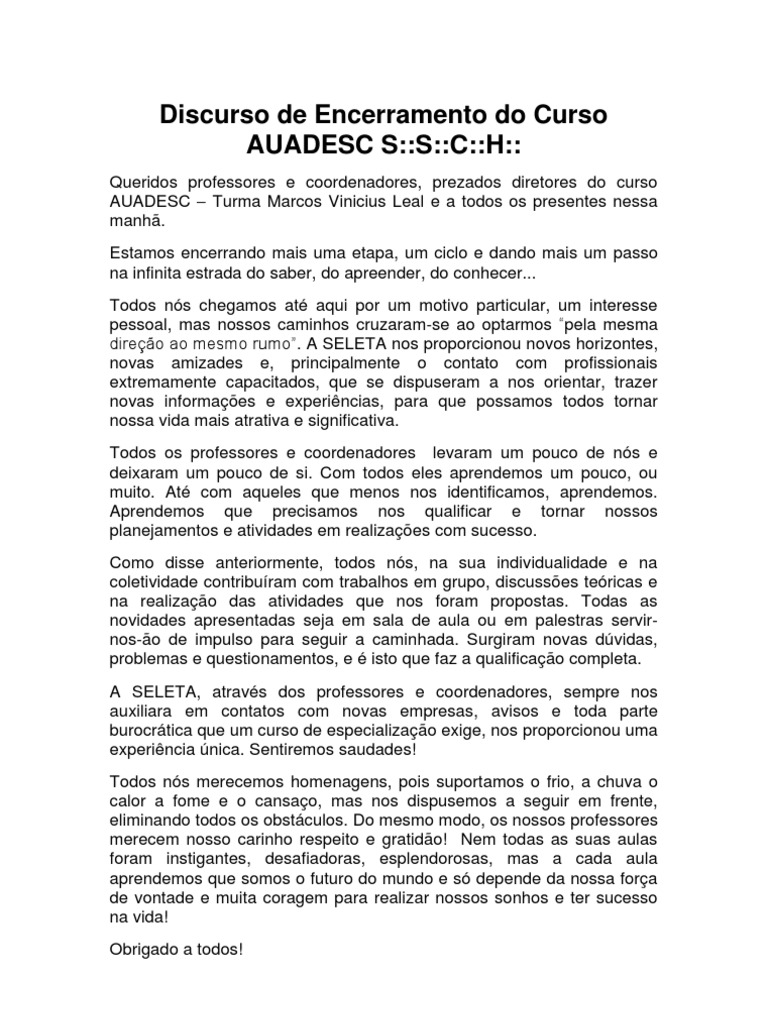 Discurso de Encerramento Do Curso AUADESC S | PDF