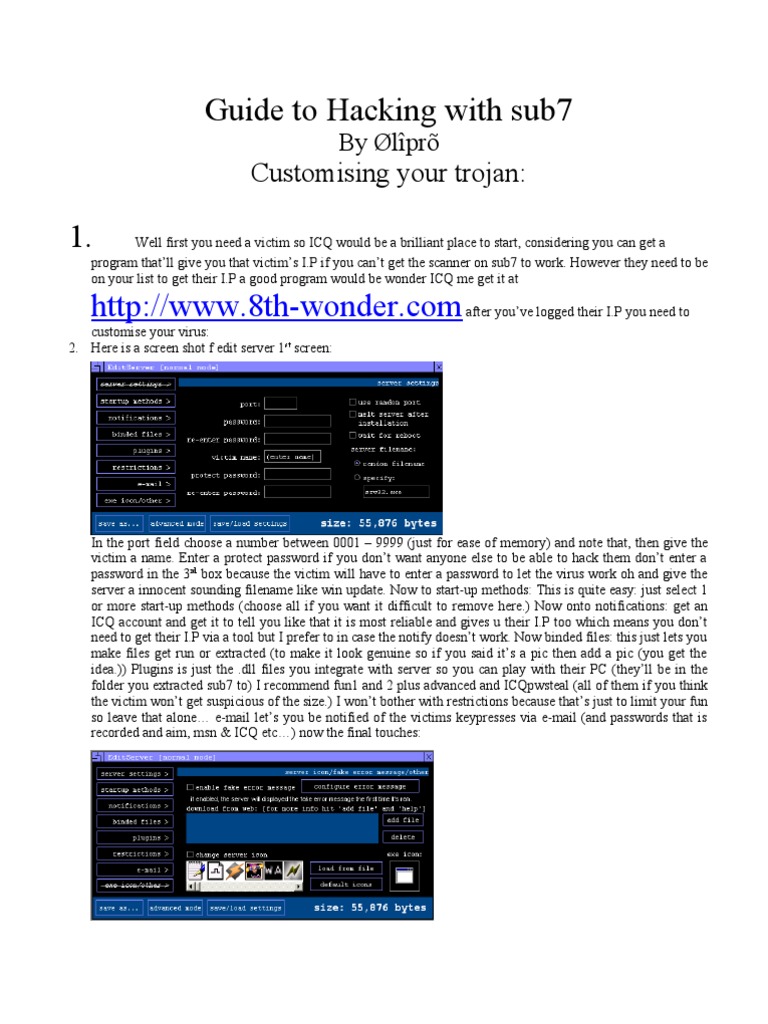 Guide To Hacking With Sub7 | PDF | Computer Virus | Password