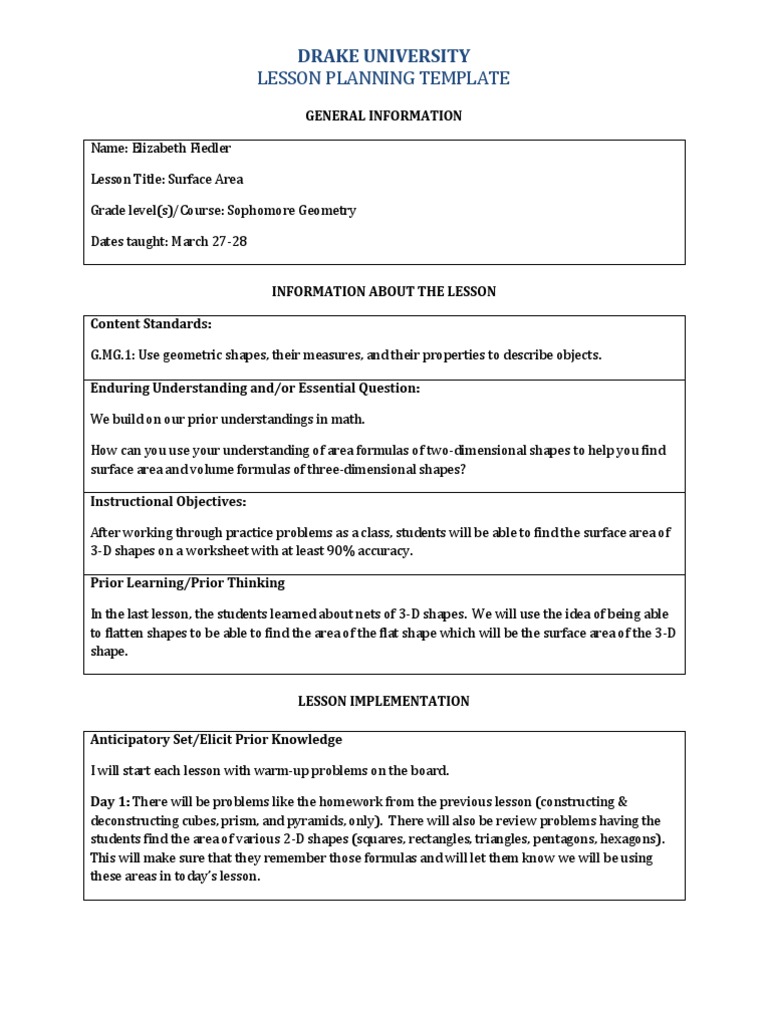 Surface Area Lesson Plan | PDF | Area | Shape