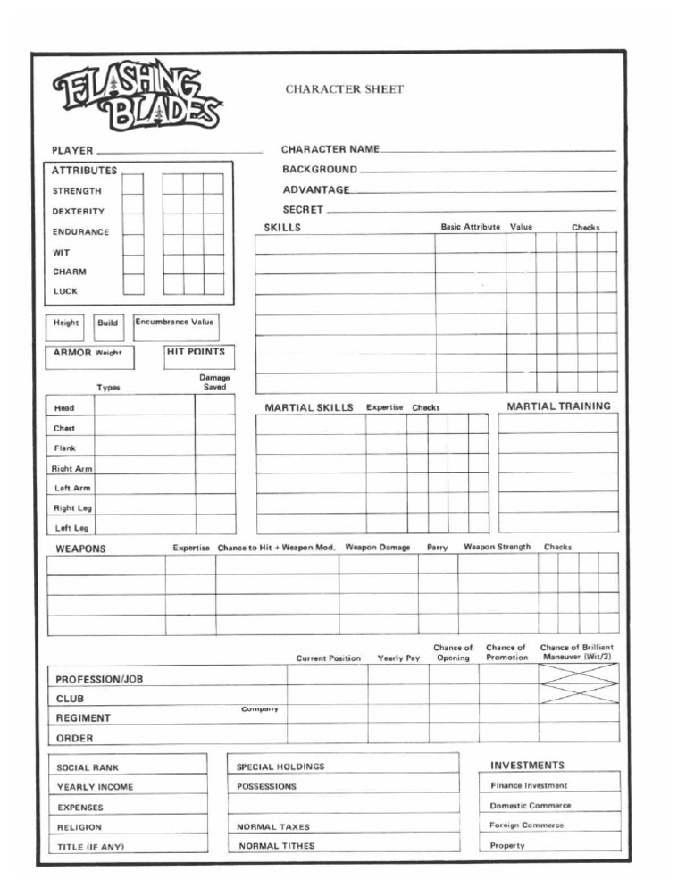Flashing Blades Character Sheet | PDF