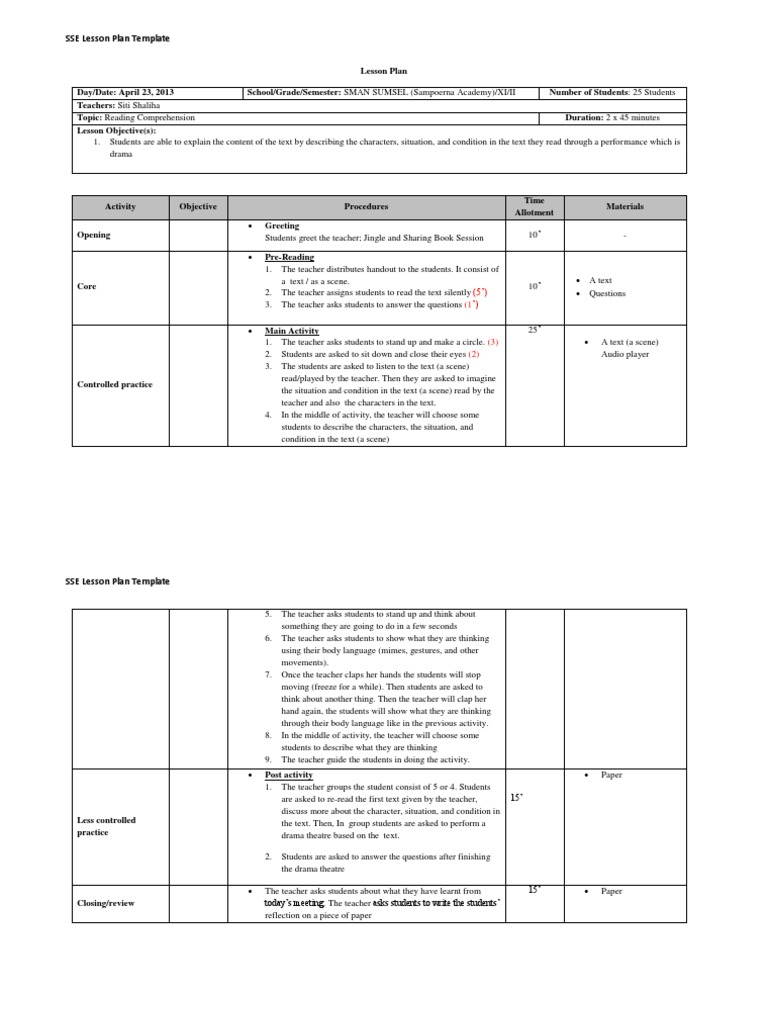 SSE Reading Comprehension Lesson | PDF | Lesson Plan | Education Theory