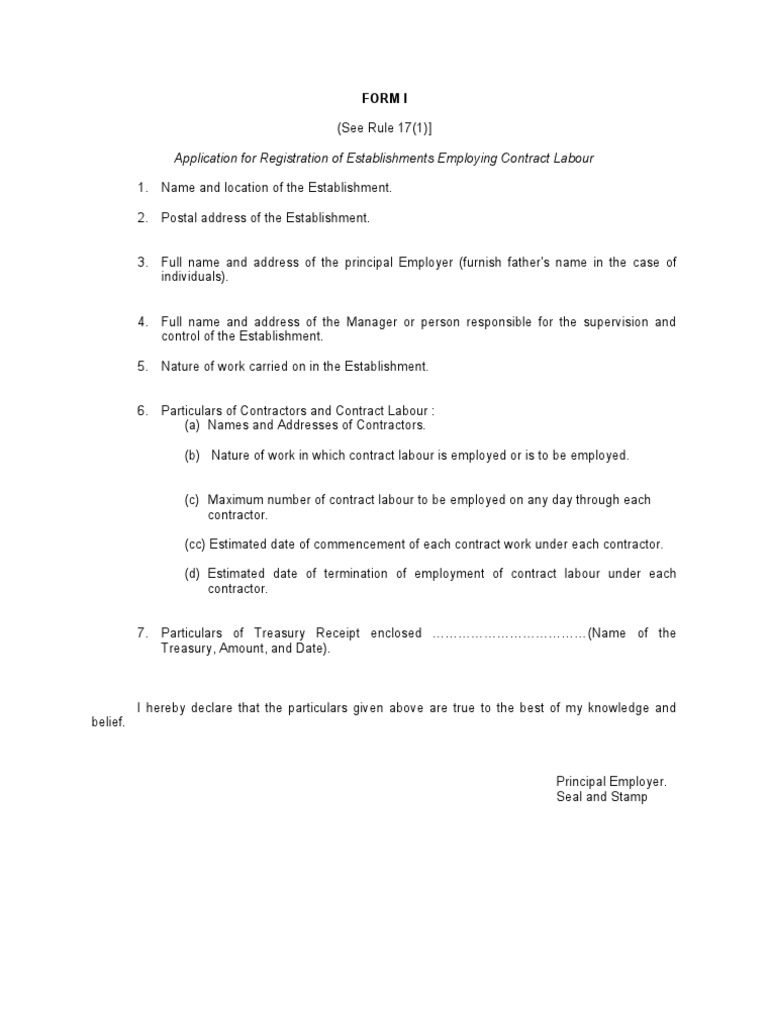 Application For Registration of Establishments Employing Contract Labour | PDF