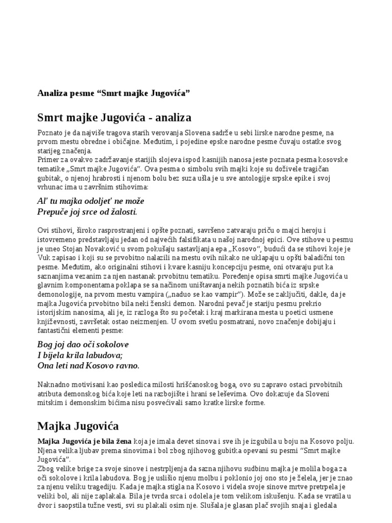 Analiza Pesme "SMRT Majke Jugovića" | PDF