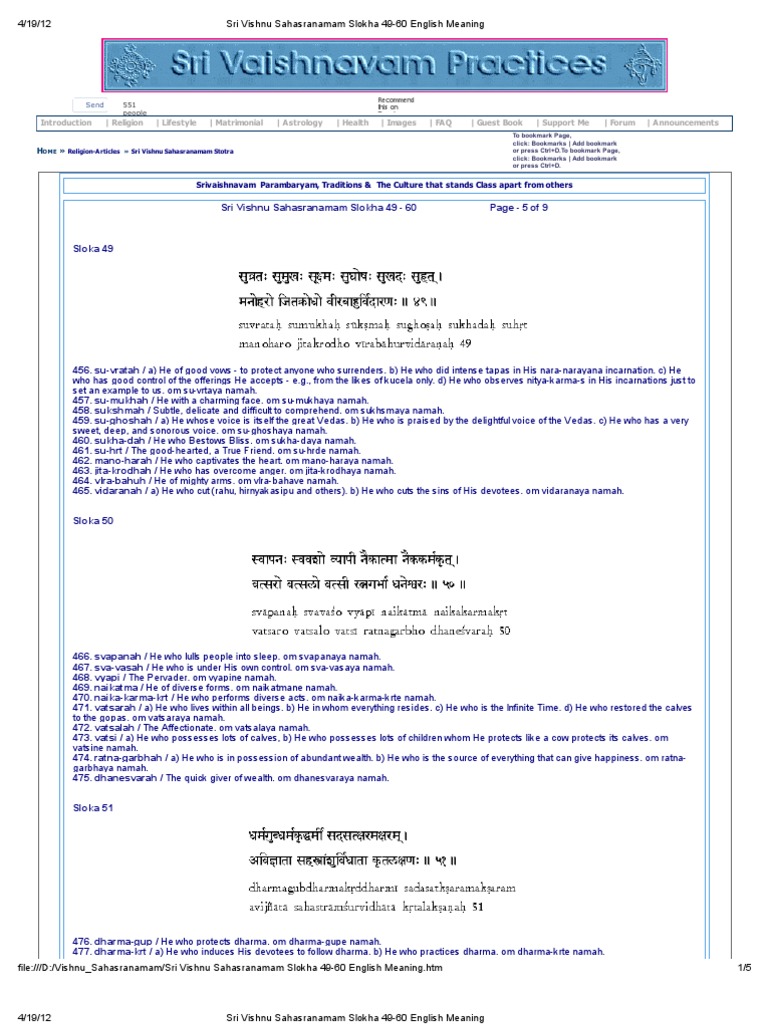 Sri Vishnu Sahasranamam Slokha 49-60 English Meaning | PDF | Indian ...