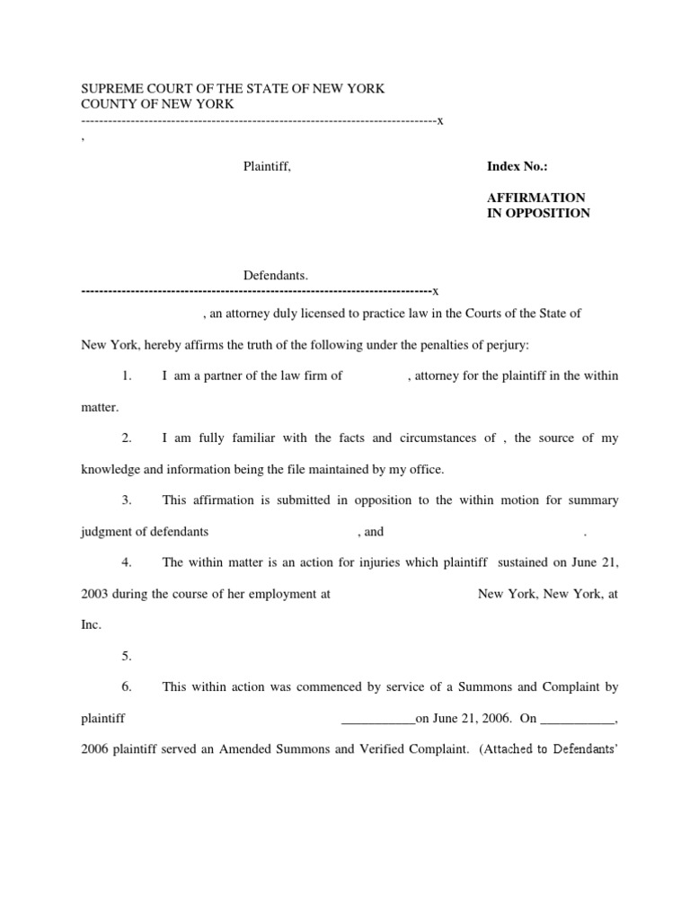 Affirmation in Opposition To Motion For Summary Judgment | PDF ...