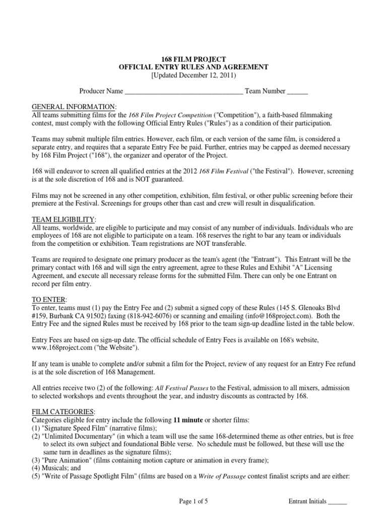 168 Film Project Official Entry Rules and Agreement | PDF | Filmmaking ...