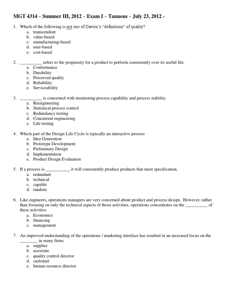 Management 4314 Exam Questions | PDF | Benchmarking | Business Process