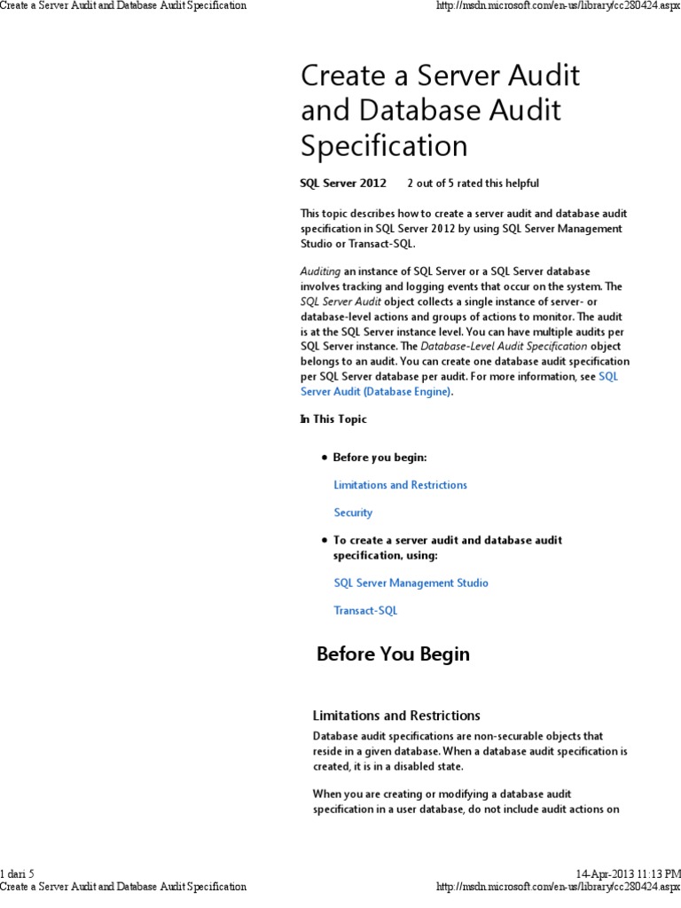 Create A Server Audit and Database Audit Specification | PDF ...