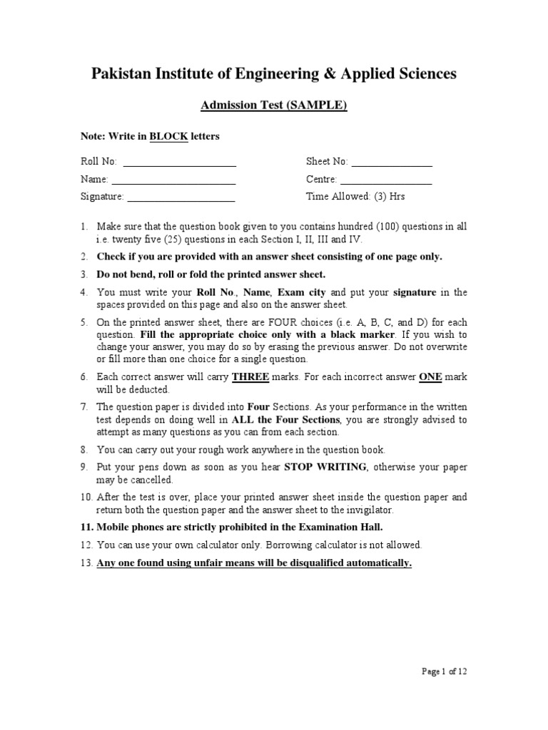 Entry Test Sample For BS Programs | PDF | Teaching Methods & Materials ...