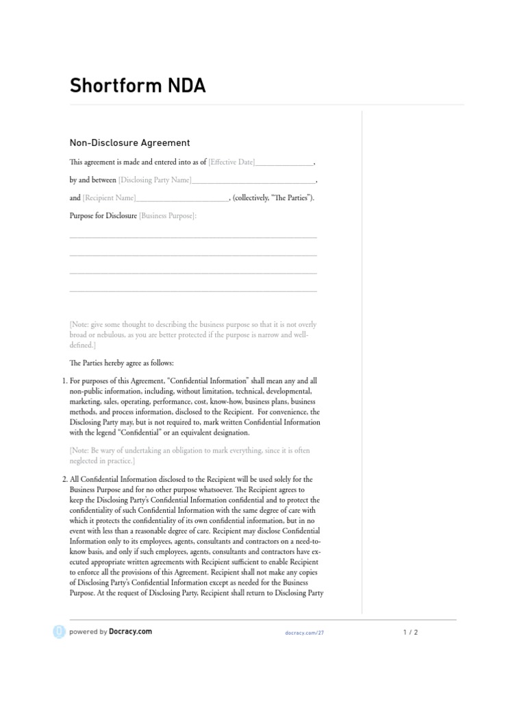 Generic Shortform Nda | Non Disclosure Agreement | Confidentiality