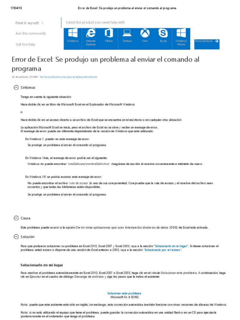 Error de Excel - Se Produjo Un Problema Al Enviar El Comando Al ...
