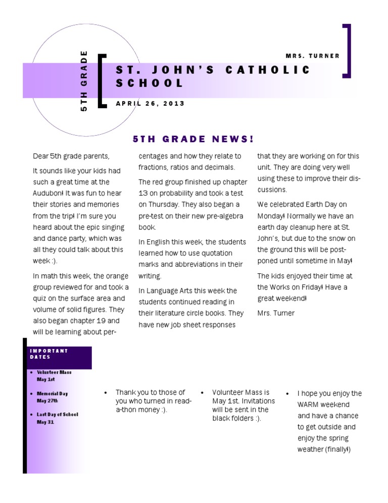 5th Grade Weekly Update: April 2013 | PDF