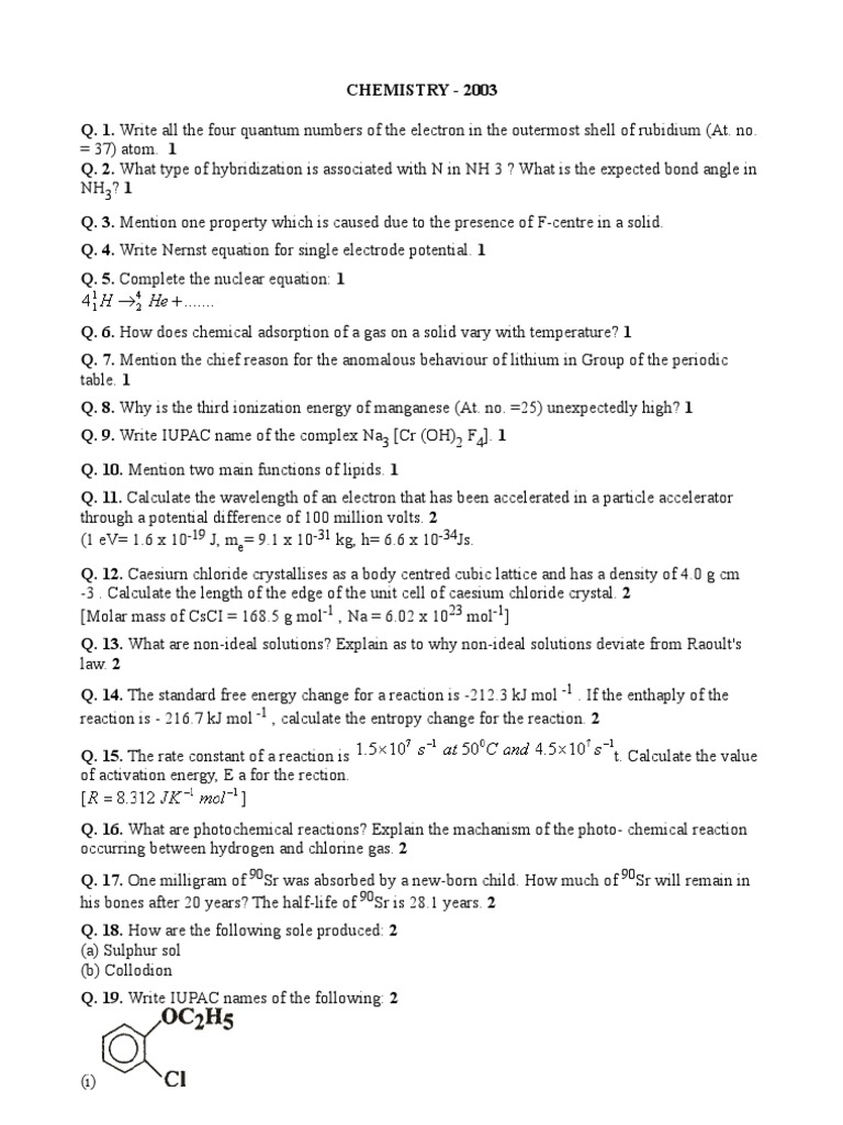 Chemistry 2003 Sample Paper | PDF | Chemical Reactions | Chemistry