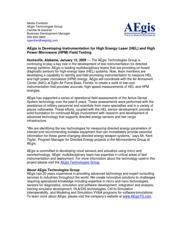 AEgis Develops HEL and HPM Testing Tech | PDF