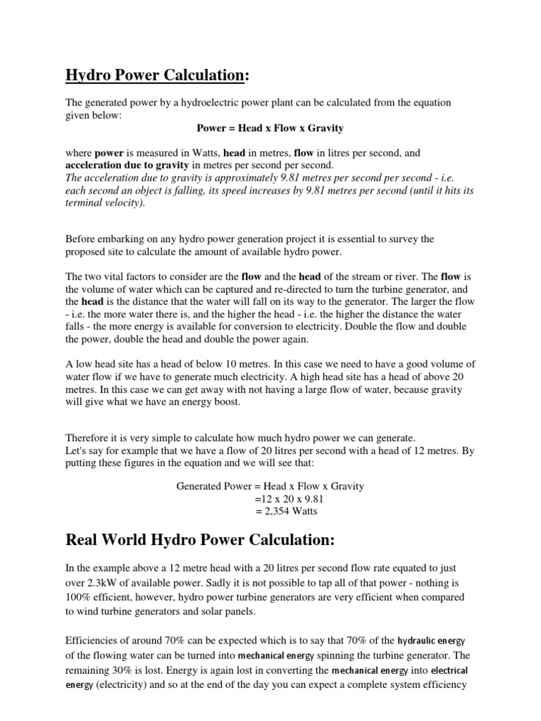 Hydro Power Calculation:: Power Head X Flow X Gravity | PDF ...