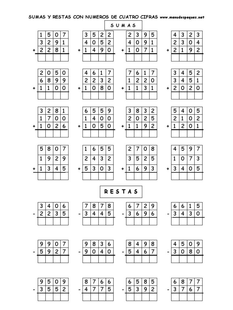 Sumas y Restas de Cuatro Cifras | PDF