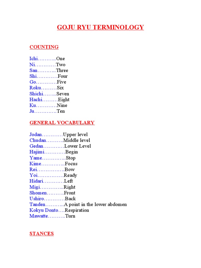 Goju Ryu Terminology | PDF | Combat Sports | Japanese Martial Arts