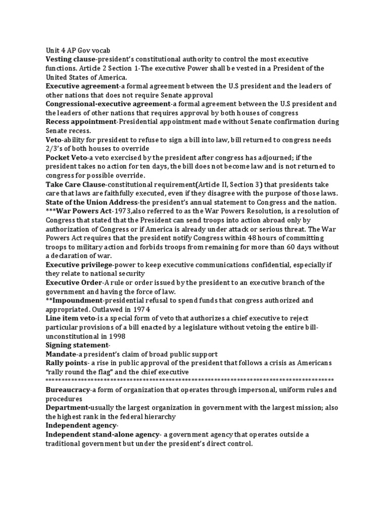 Unit 4 AP Gov Vocab NEW | PDF | Veto | United States Congress