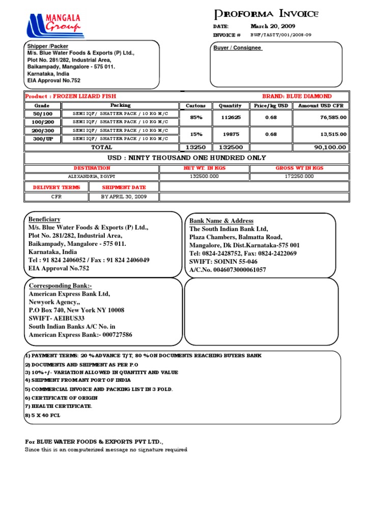 Lizard Fish Proforma Invoice, Blue Water, Mangloor | PDF