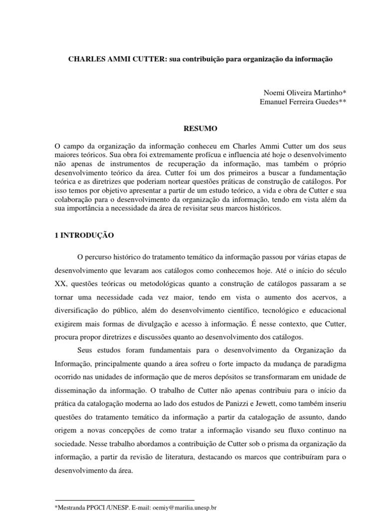 Charles Ammi Cutter Sua Contribuição para Organização Da Informação ...