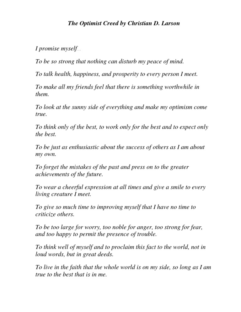 The Optimist Creed by Christian D. Larson | PDF