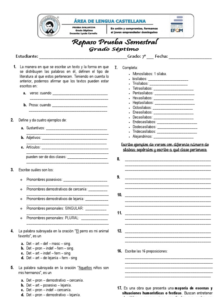 Taller Repaso Final Séptimo | PDF | Predicado (Gramática) | Verbo
