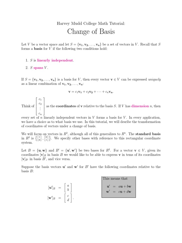 Change of Basis: Harvey Mudd College Math Tutorial | PDF | Basis ...