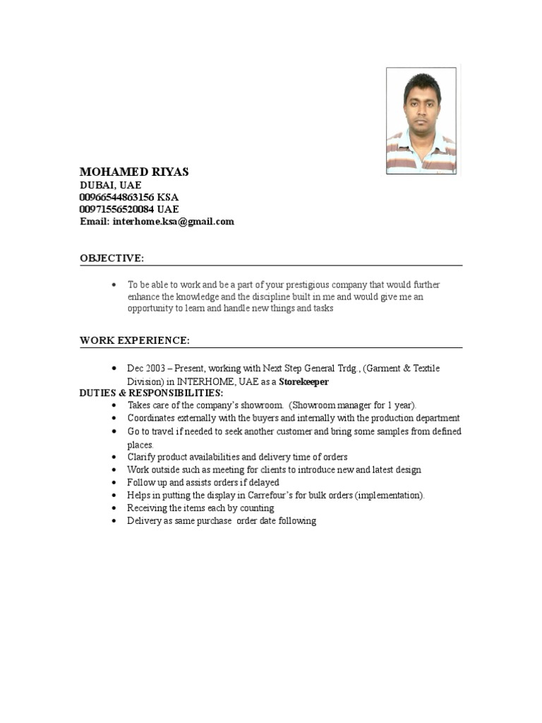 Storekeeper Cv United Arab Emirates Saudi Arabia
