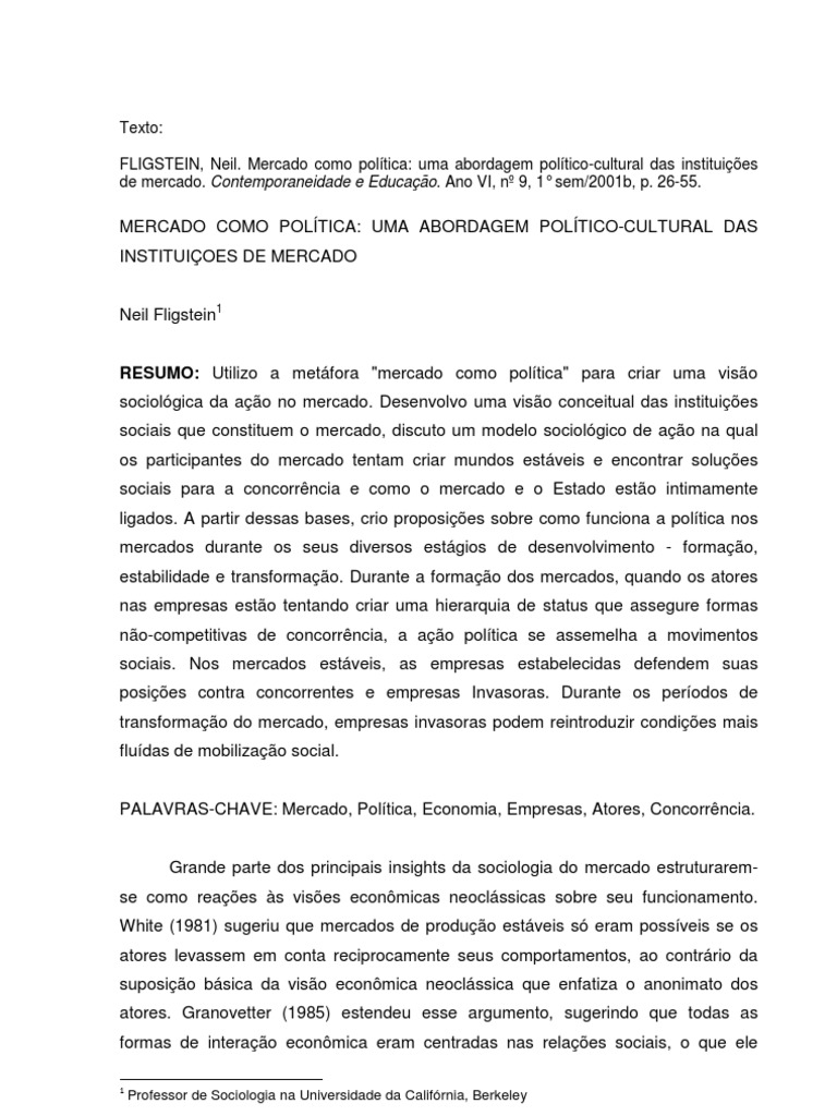 FLIGSTEIN, Neil. Mercado Como Política-Cultural | PDF | Governança ...