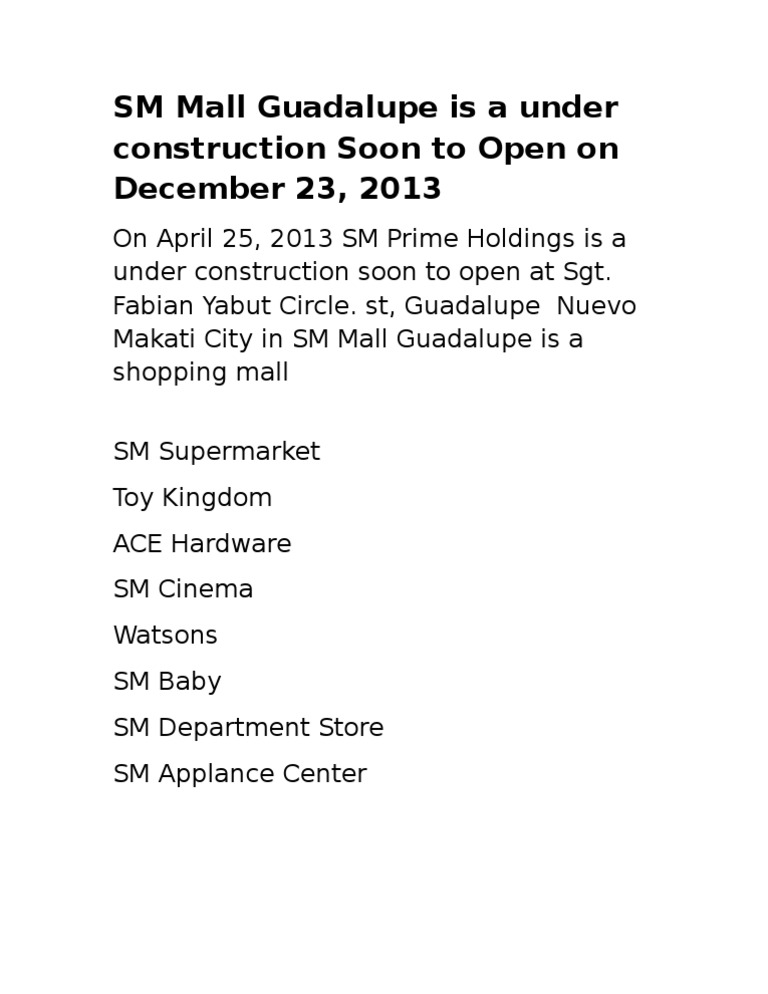 SM Mall Guadalupe Is A Under Construction Soon To Open | PDF