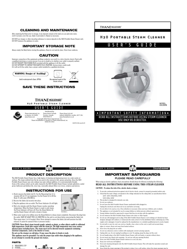h2o Portable Steam Cleaner Manual | Ac Power Plugs And Sockets | Steam