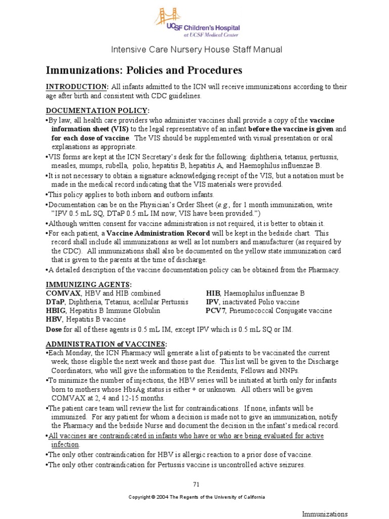 Immunizations: Policies and Procedures: Intensive Care Nursery House ...