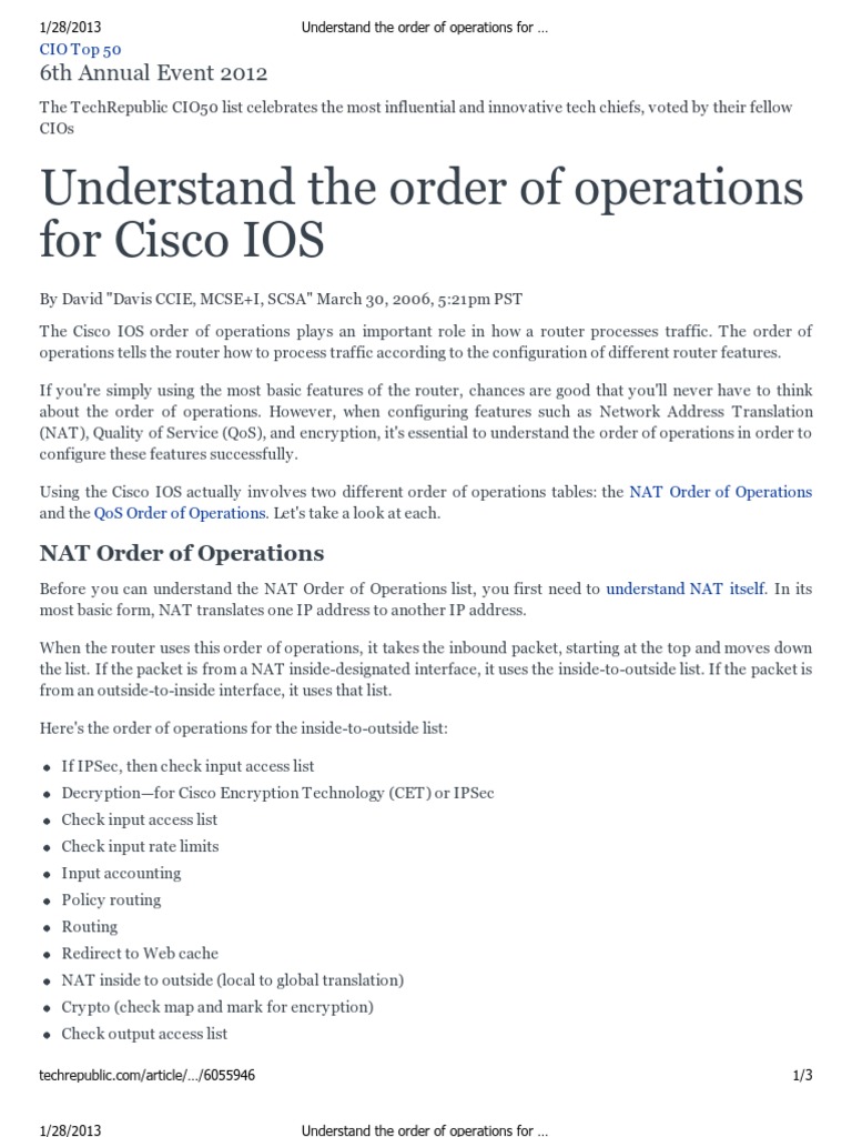 Understand The Order of Operations For Cisco IOS - TechRepublic | PDF ...