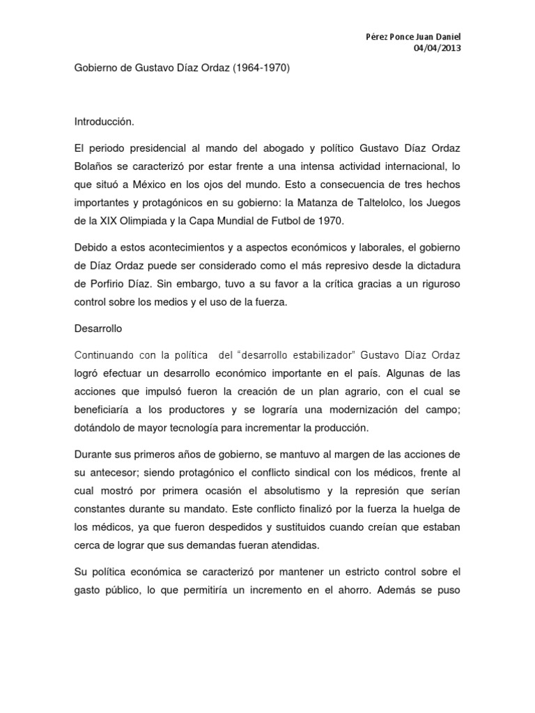 Gobierno De Gustavo Díaz Ordaz Pdf Política General Economias