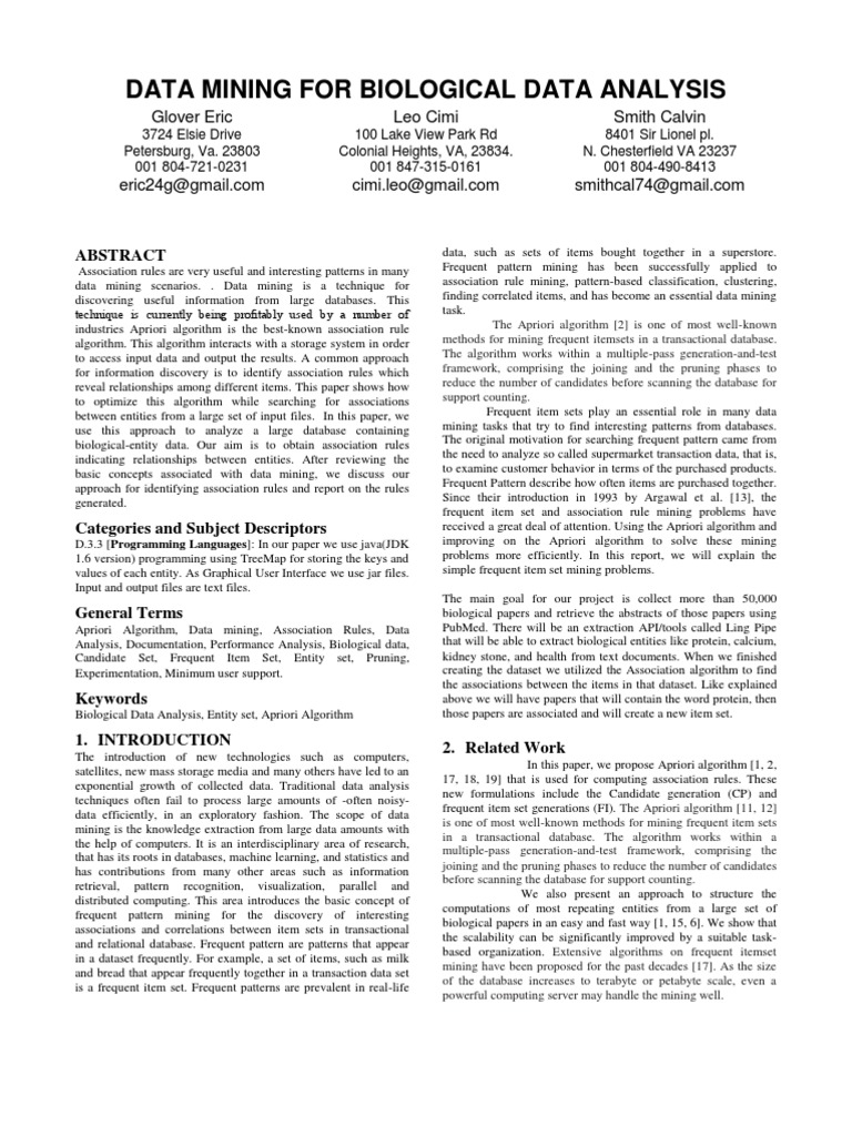 Data Mining For Biological Data Analysis: Glover Eric Leo Cimi Smith ...