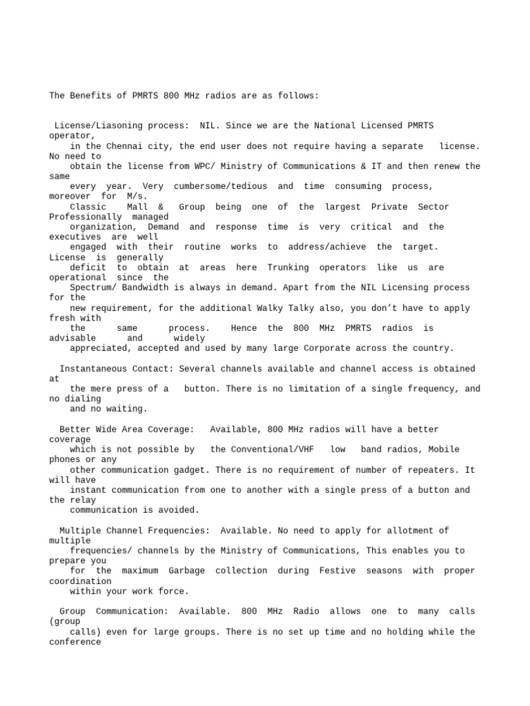 Benefits of - Pmrts Walky Talky On 800 MHZ | PDF | Radio | Radio Spectrum