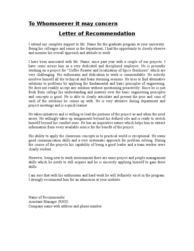 Sample LOR | PDF | Graduate School | Applied Psychology