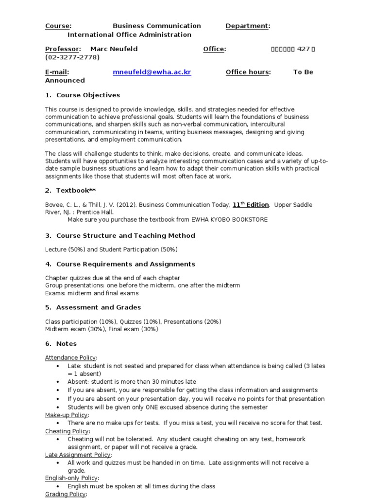 Business Communication Course Overview | PDF | Homework | Cross ...