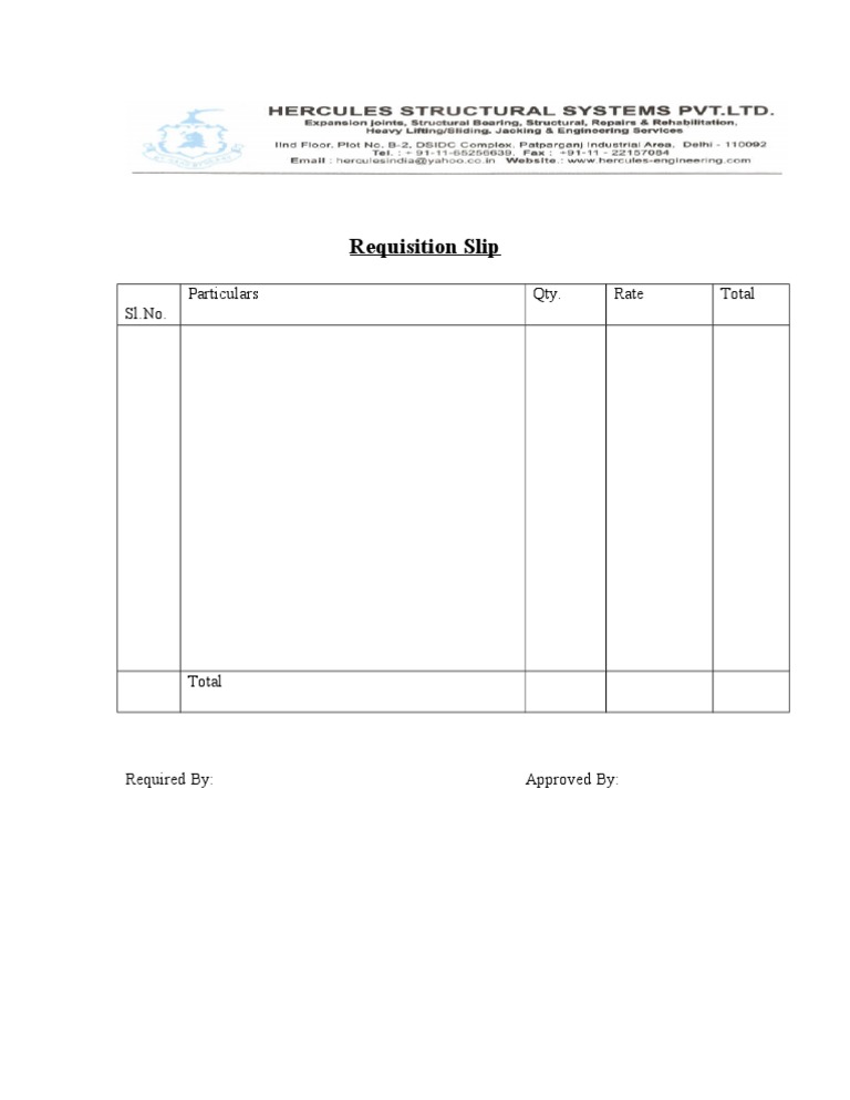 Requisition Slip: SL - No. Particulars Qty. Rate Total | PDF